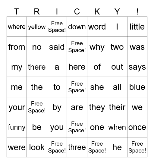 Tricky Words Bingo Card