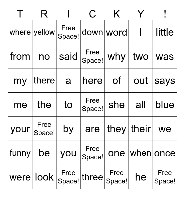 Tricky Words Bingo Card