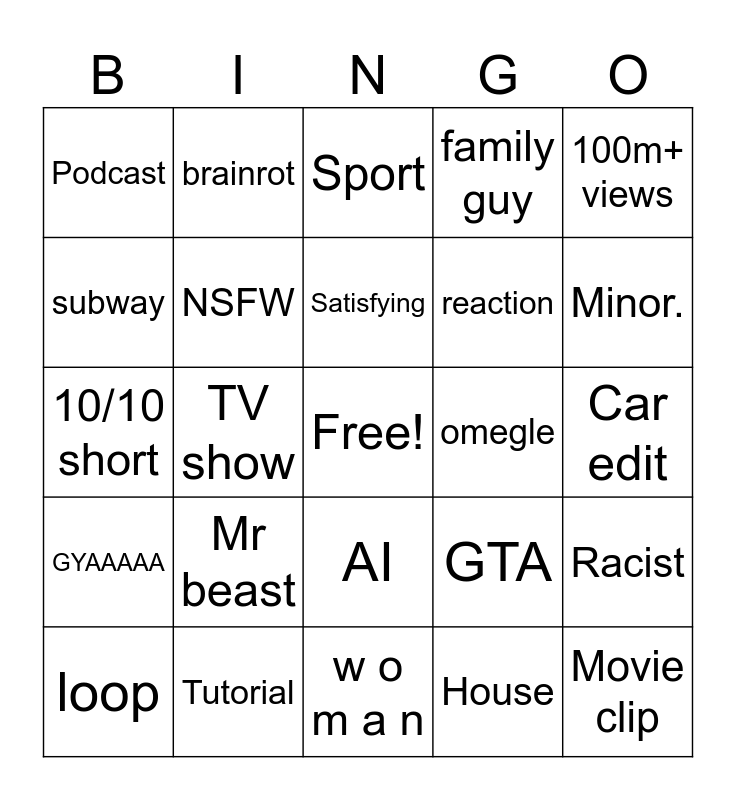 Youtube short bingo Card
