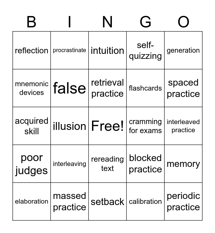 Study Skills Bingo Card