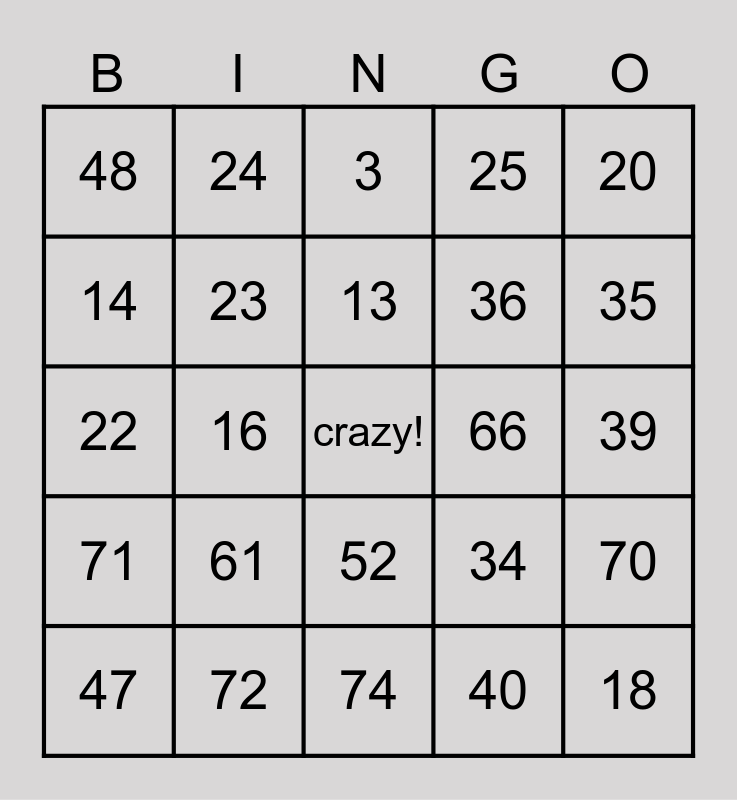 crazy bingo Card