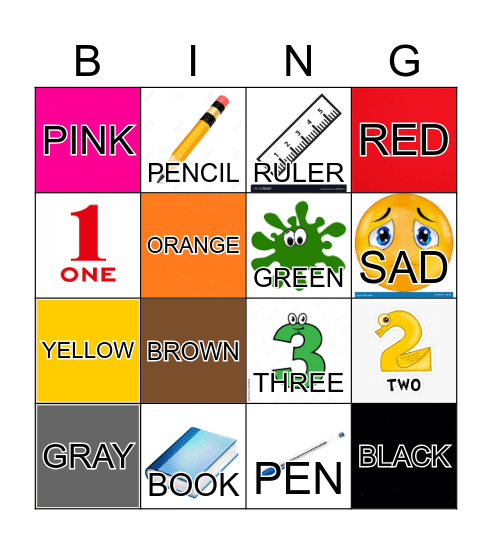 COLORS AND SCHOOL OBJECTS Bingo Card
