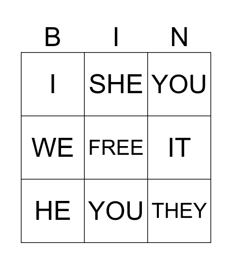 Subject Pronouns Bingo Card