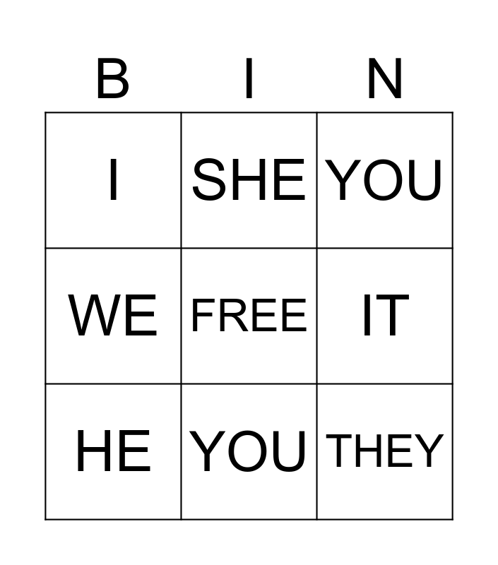 Subject Pronouns Bingo Card