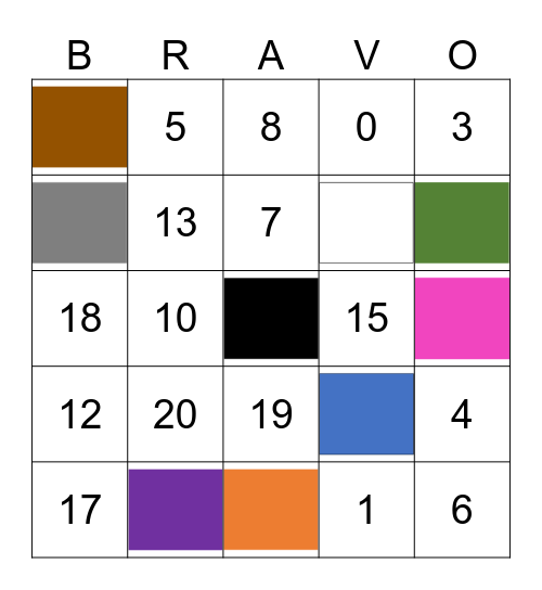 Les nombres 0 - 20 / Les couleurs Bingo Card