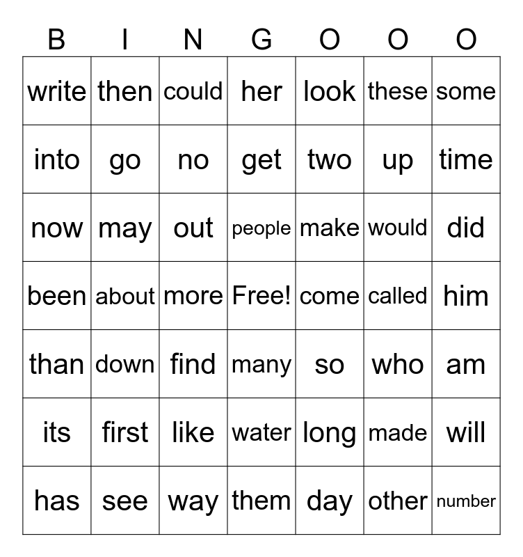 Fry's 100 Sight Words 50-100 Bingo Card