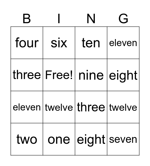 Numbers 1-12 Bingo Card