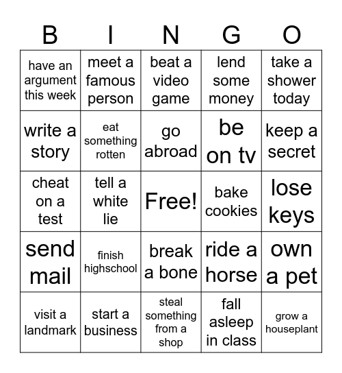 present perfect Bingo Card