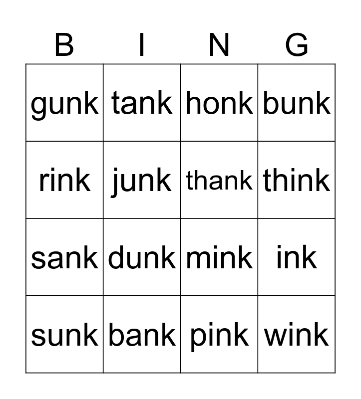 NK words Bingo Card