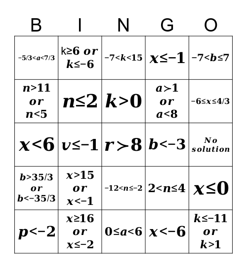 Inequality Bingo Card