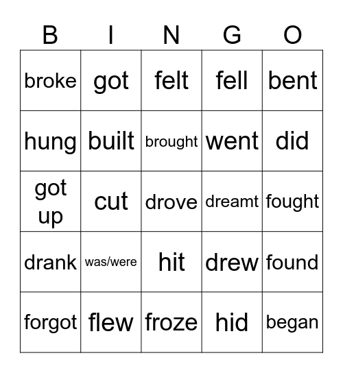 Irregular past tense verbs Bingo Card