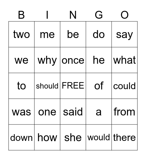 Tricky Words Bingo Card