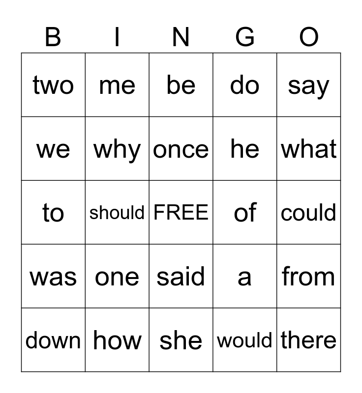 Tricky Words Bingo Card