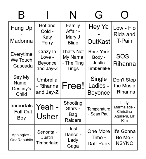 2000s Hits Music Bingo Round #1 Bingo Card