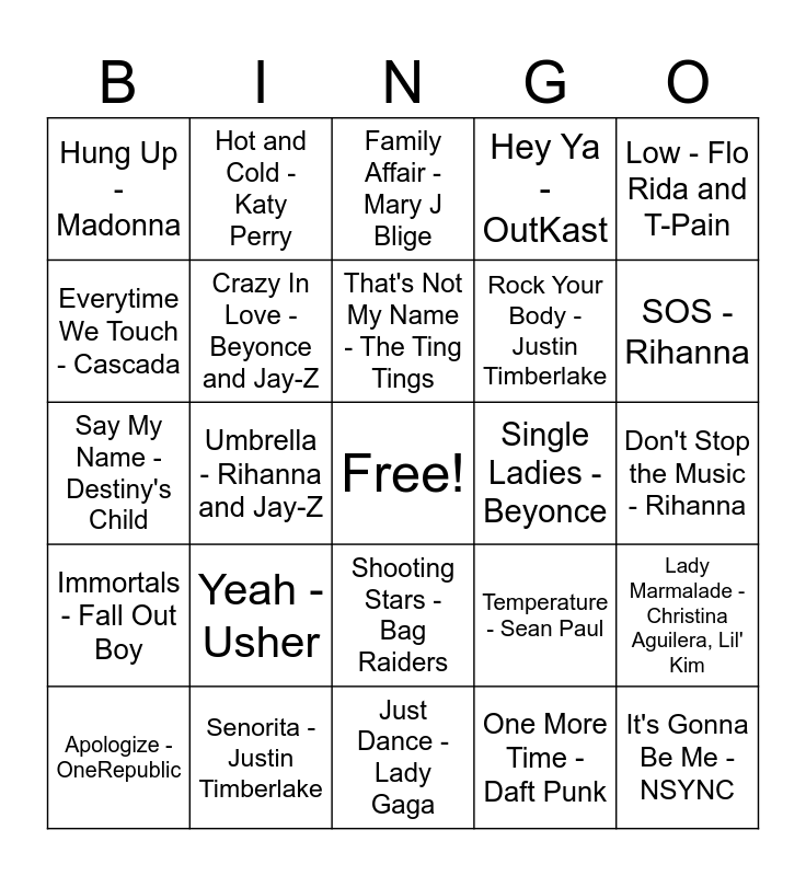 2000s Hits Music Bingo Round #1 Bingo Card