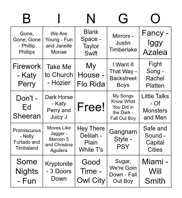 2000s Hits Music Bingo Round #2 Bingo Card