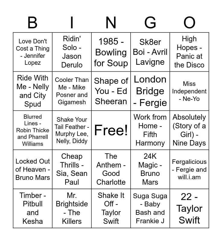2000s Hits Music Bingo Round #3 Bingo Card