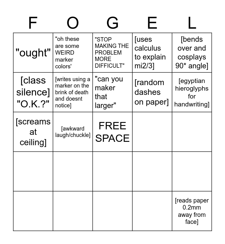 dr. fogel bingo Card