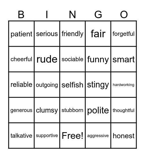 Personality Bingo Card