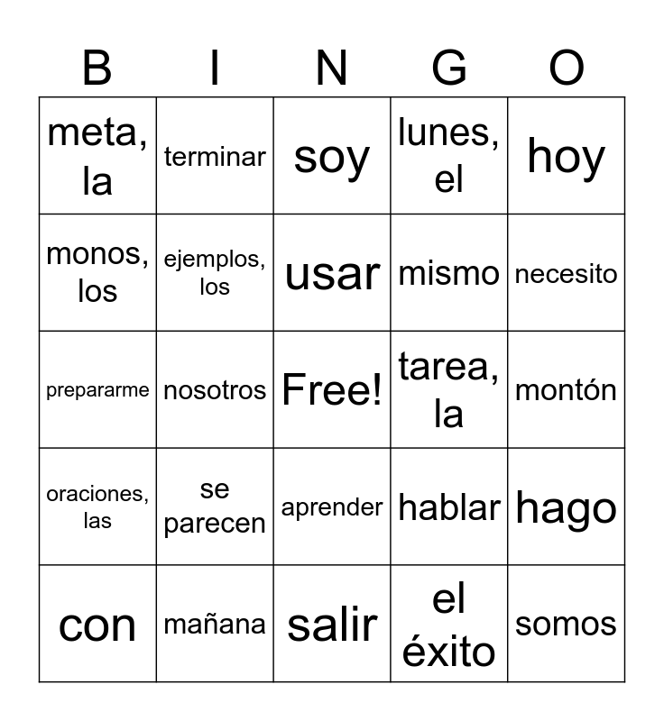 Vocabulario de español 1 Bingo Card