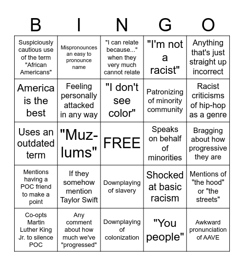 Identity Politics Bingo Card