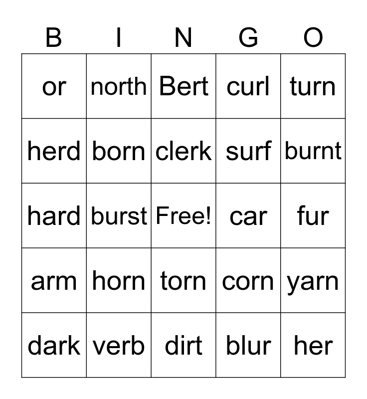 R-controlled Words Bingo Card