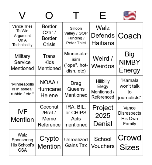 2024 VP Debate Bingo Card
