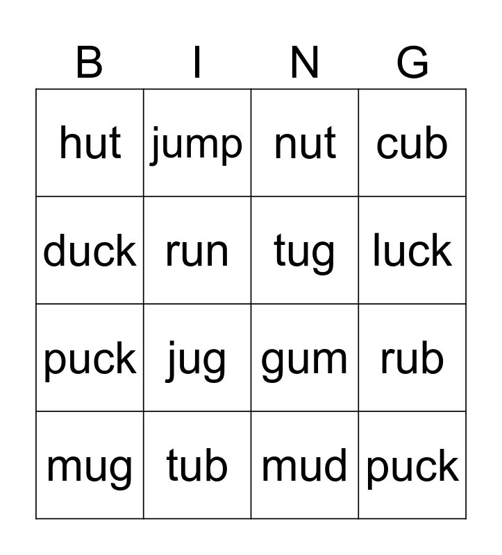 Short U Bingo Card
