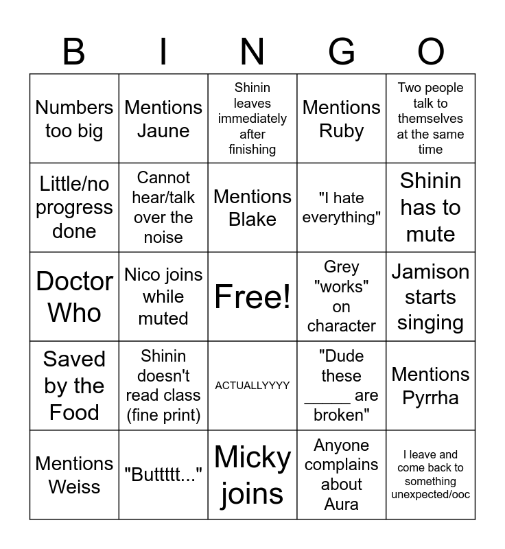 Shinin being a DM Bingo Card