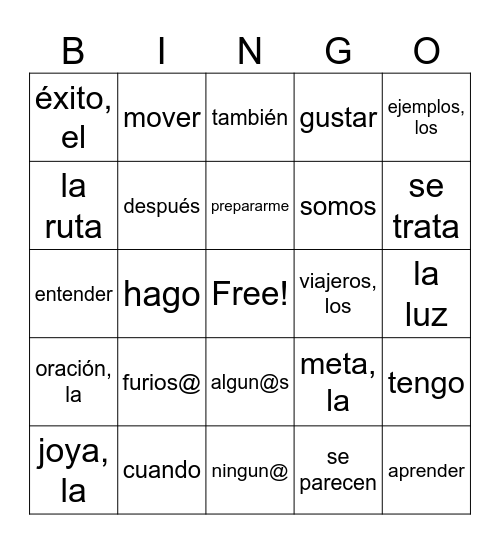 Vocabulario de español 2 Bingo Card
