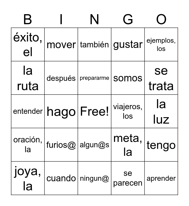 Vocabulario de español 2 Bingo Card
