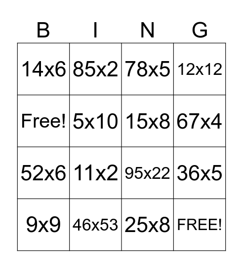 Multiplication Bingo Card
