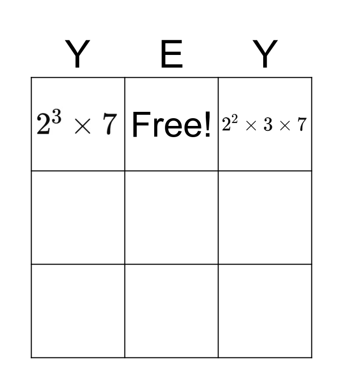 Prime Factorization Bingo! Bingo Card