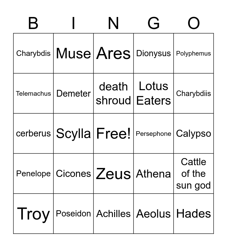 The Odyssey and Greek Mythology Bingo Card