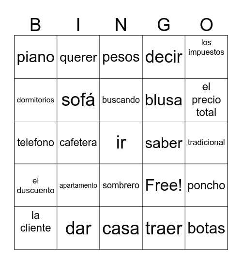 Spanish bingo Card