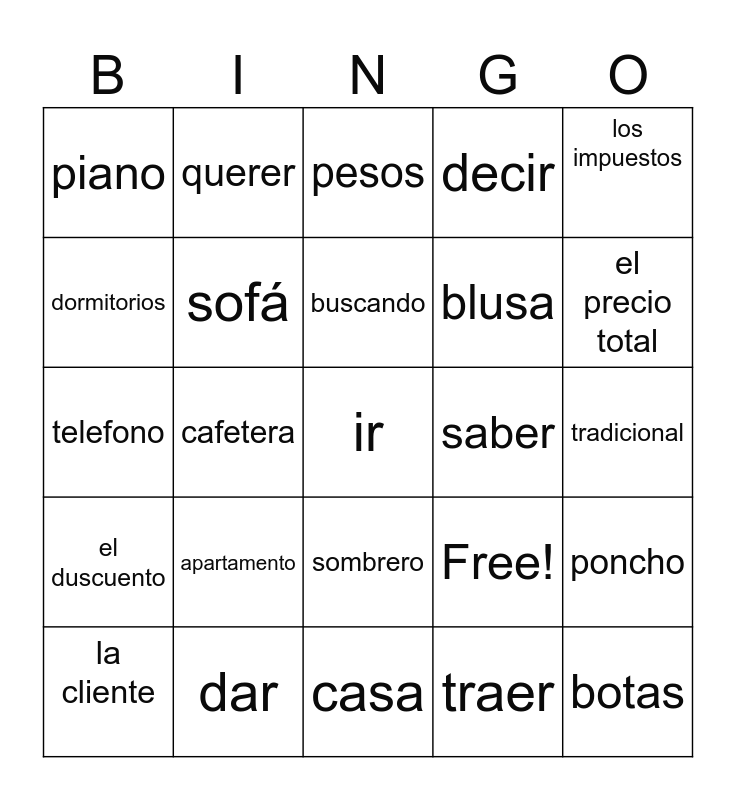 Spanish bingo Card