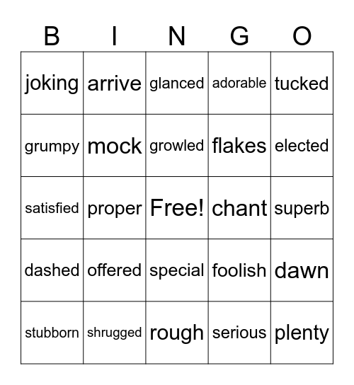 Reading Vocabulary Bingo Card