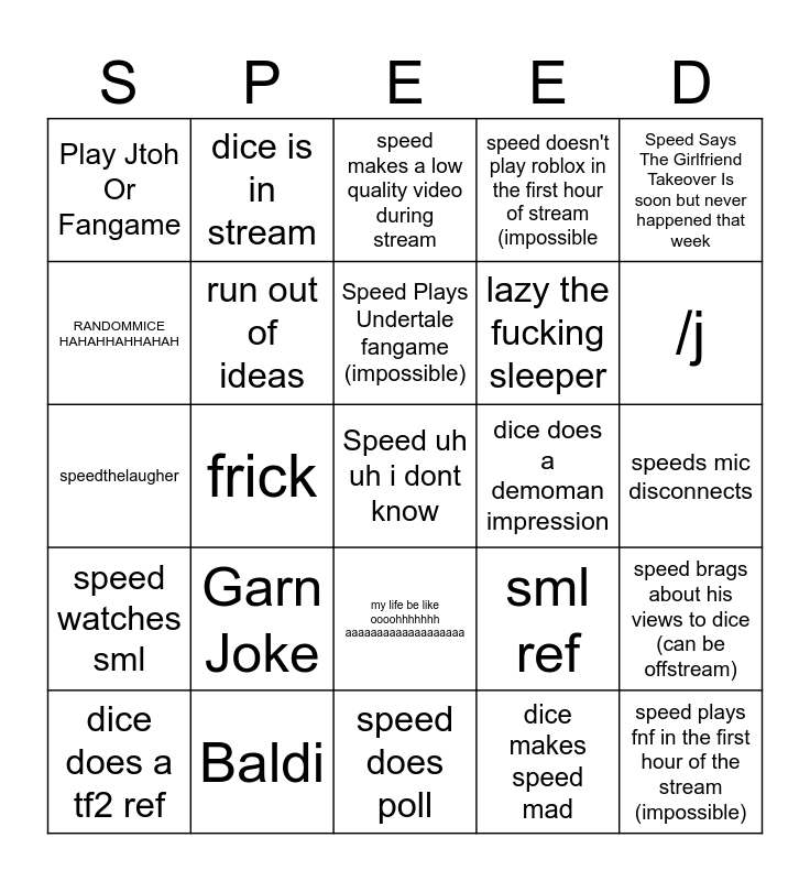 Speed Bingo Card