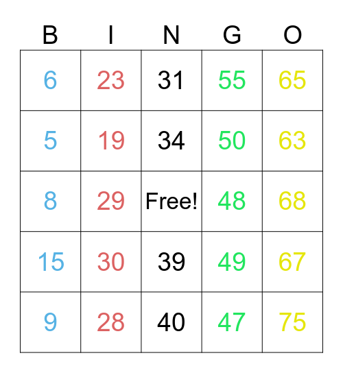 Number Bingo 1-75 Bingo Card