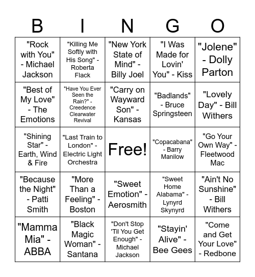 70s Music Bingo Round #2 Bingo Card