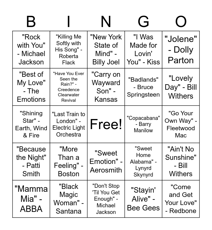 70s Music Bingo Round #2 Bingo Card