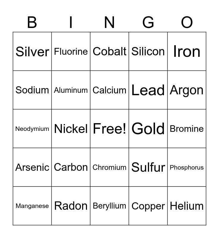 Element Name Bingo Card