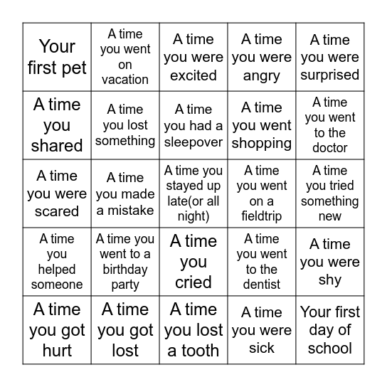 Personal Narrative Writing Prompts Bingo Card