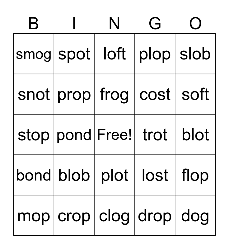 Lesson 37b: Short o Advanced Bingo Card