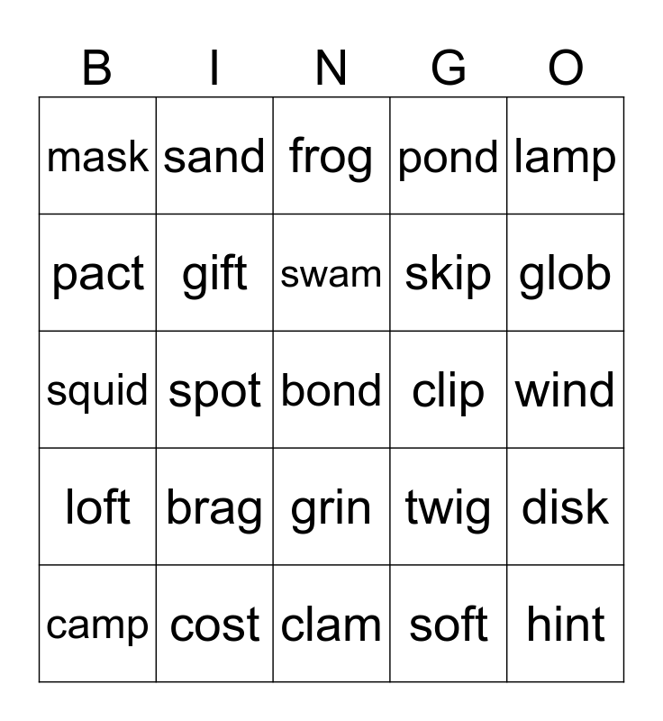 Lesson 38b: Short a, i, o Advanced Bingo Card