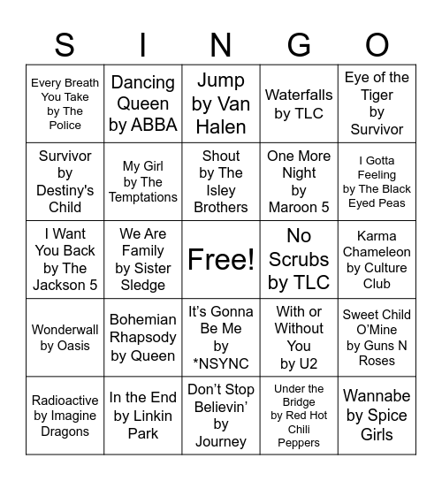 Popular Groups Bingo Card