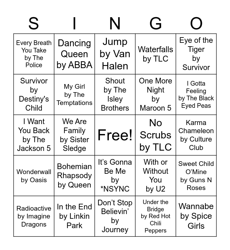 Popular Groups Bingo Card