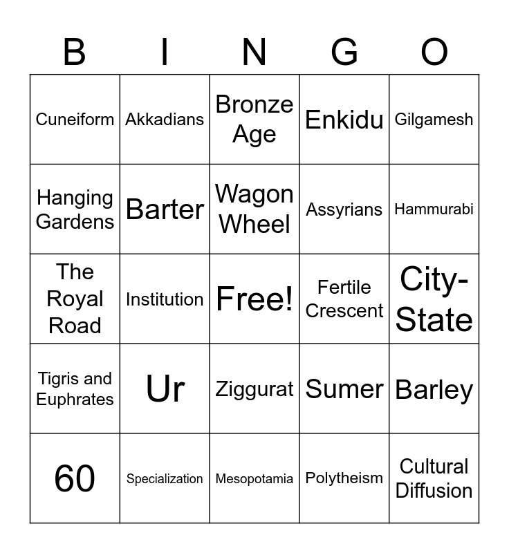 Ms. G Mesopotamia Bingo Card