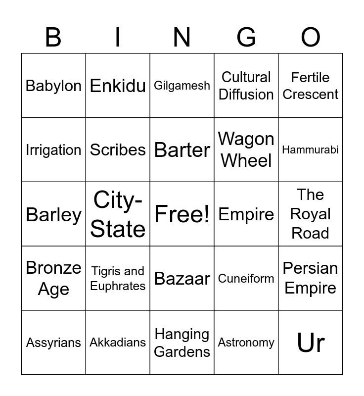 Ms. G Mesopotamia Bingo Card