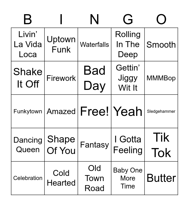 Billboard 100 #1 Hits Bingo Card